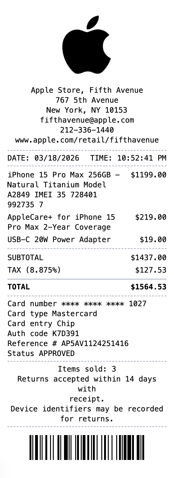 Apple Store Receipt Generator | MakeMyReceipt | MakeMyReceipt