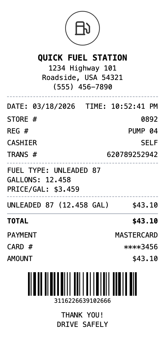 Gas Station Receipt Generator | MakeMyReceipt | MakeMyReceipt