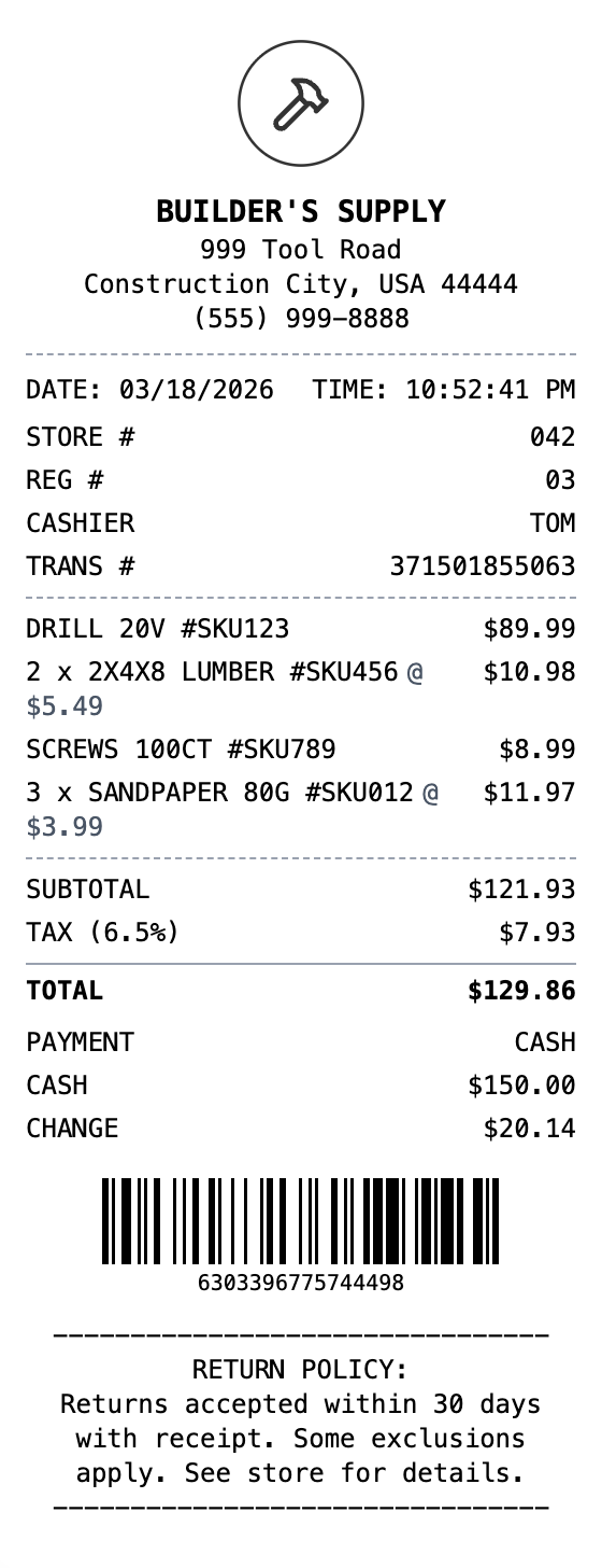 Hardware Store Receipt Generator | MakeMyReceipt | MakeMyReceipt