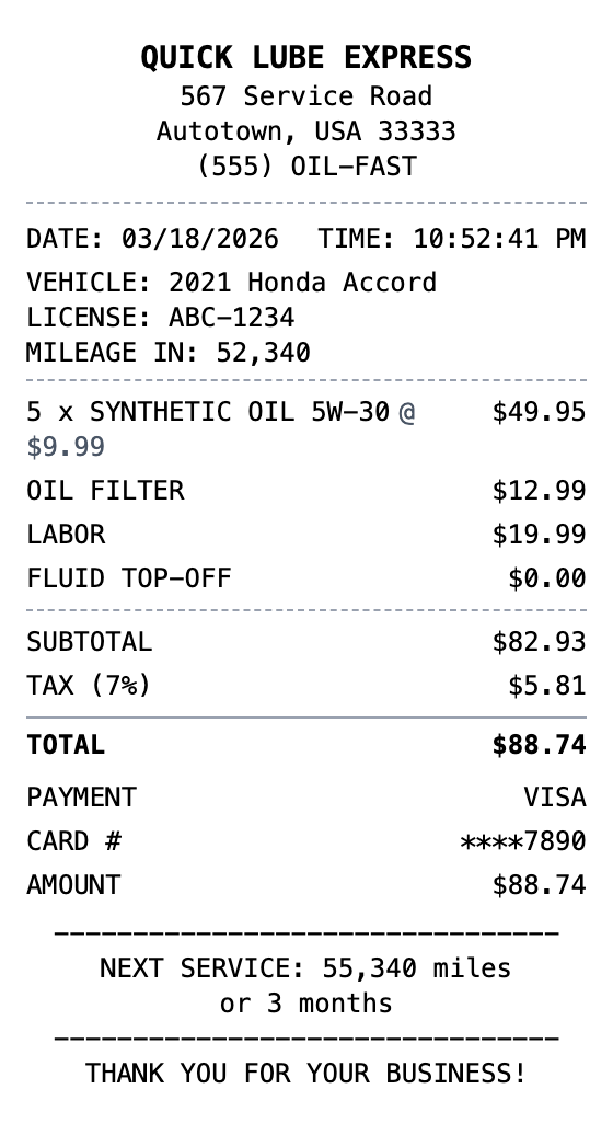 Oil Change Receipt Generator | MakeMyReceipt | MakeMyReceipt